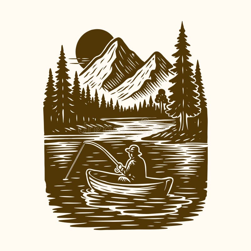 Mountain Lake Fishing, Vintage Fisherman Rowboat Illustration Stock ...