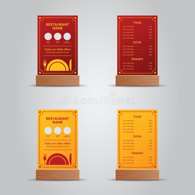 Red and Yellow Restaurant Menu Stand Card Mockup with Wooden Holder ...