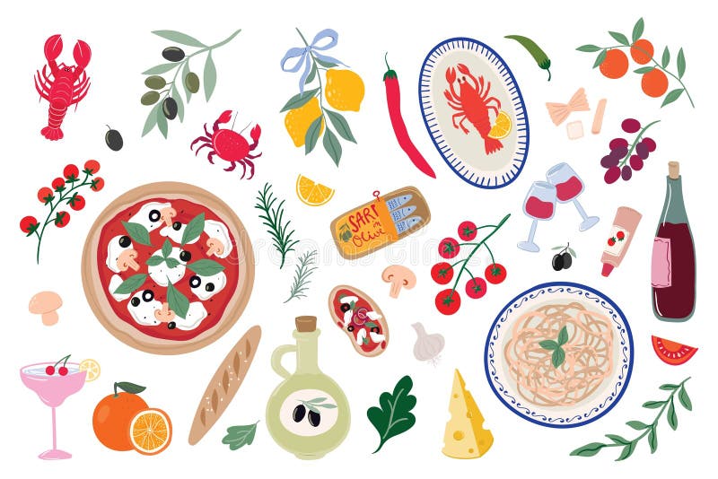 Italian Food Elements Collection, Specific Mediterranean Menu ...