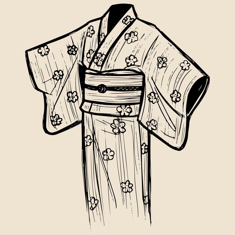Vintage Japanese Yukata Sketch - Monochrome Line Art Stock Illustration ...