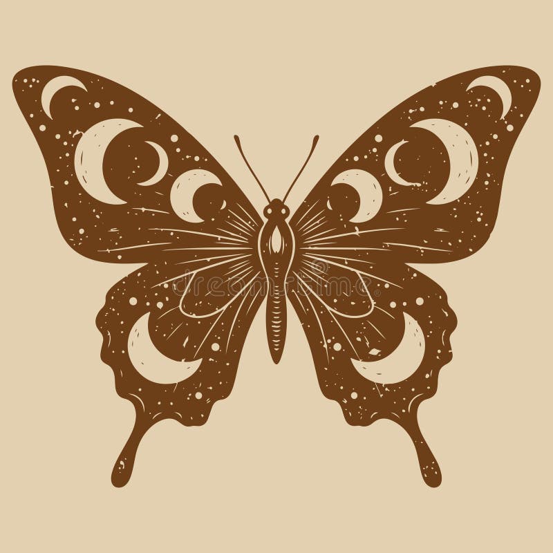Mystic Butterfly with Crescent Moons - Retro Flat Vector Art Stock ...