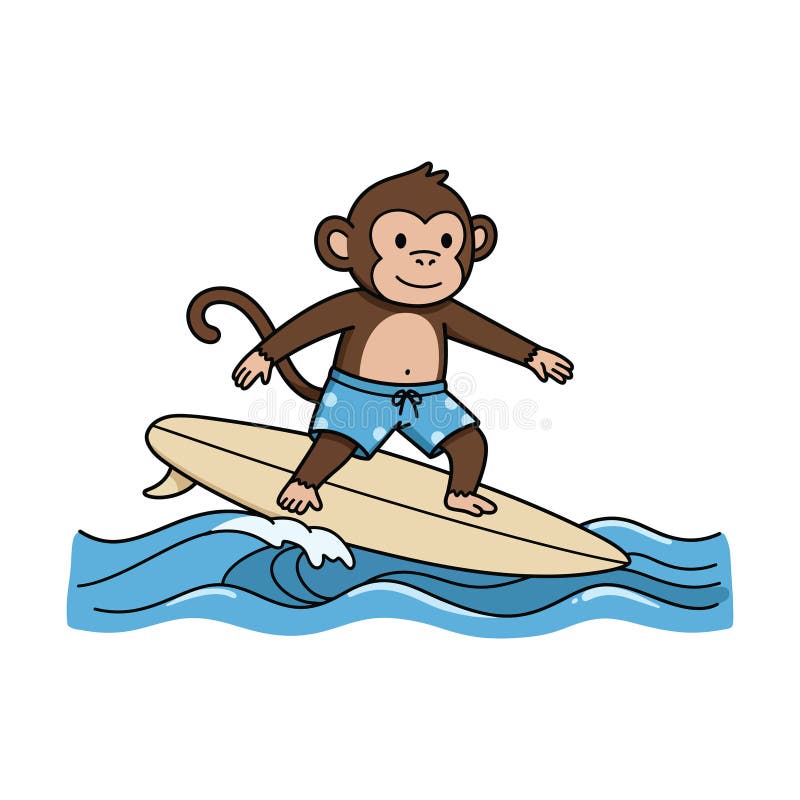 Digital Illustration of a Monkey with Swimming Shorts Surfing on the ...