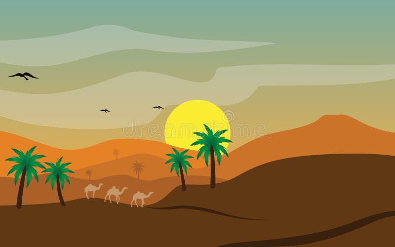 Flat Design Desert Landscape with Sand Dunes, Palm Trees, Camels, and ...