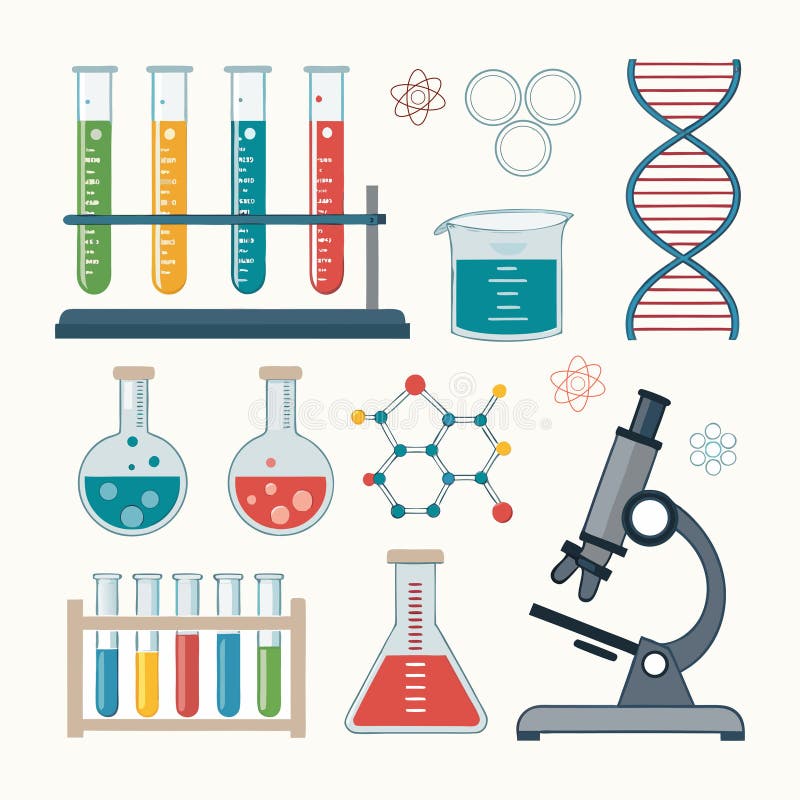 Flat Vector Icons of Laboratory Equipment and Chemical Symbols, Biology ...