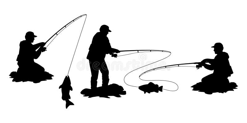 Set of Black Fisherman Icon Silhouettes in Different Poses. Stock ...