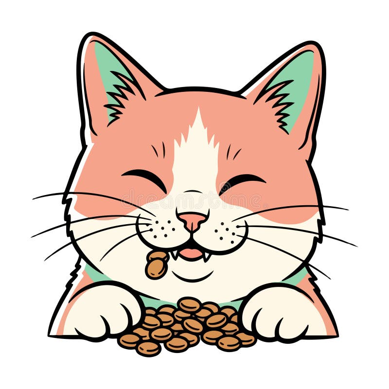 Happy Cat Eating Kibble - Joyful Feline Mealtime Stock Illustration ...