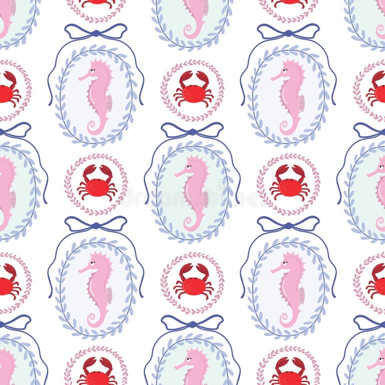 Summer Marine Seamless Pattern with Crabs and Seahorses in Decorative ...