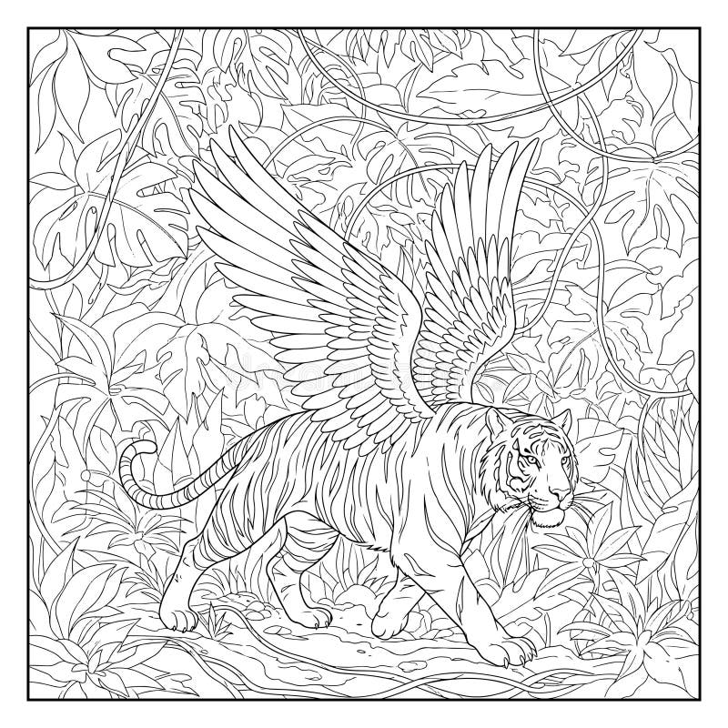 Winged Tiger Coloring Page - Mythic Jungle Prowler Stock Vector ...