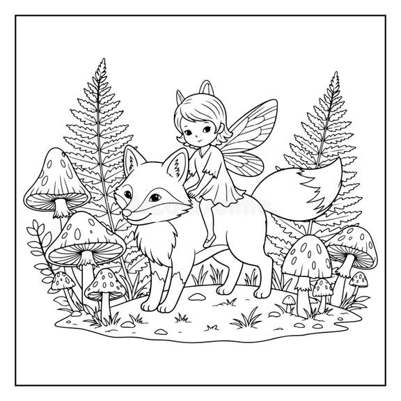 Fairy Riding Fox Coloring Page - Mythic Forest Scene Stock Illustration ...