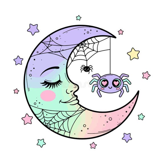 Pastel Goth Moon with Spiders - Cute Celestial Art Stock Illustration ...