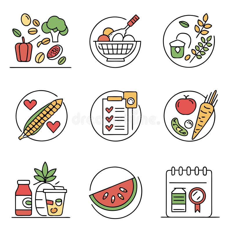 Healthy Food Nutrition Icon Set,Nine Simple, Colorful Icons Stock ...