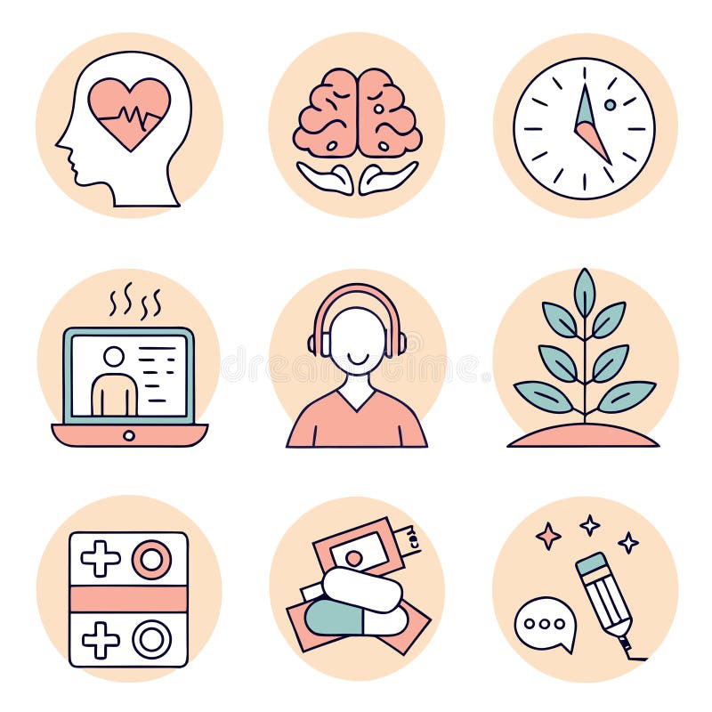 Mental Wellness Icons,Nine Icons Depict Various Stock Illustration ...