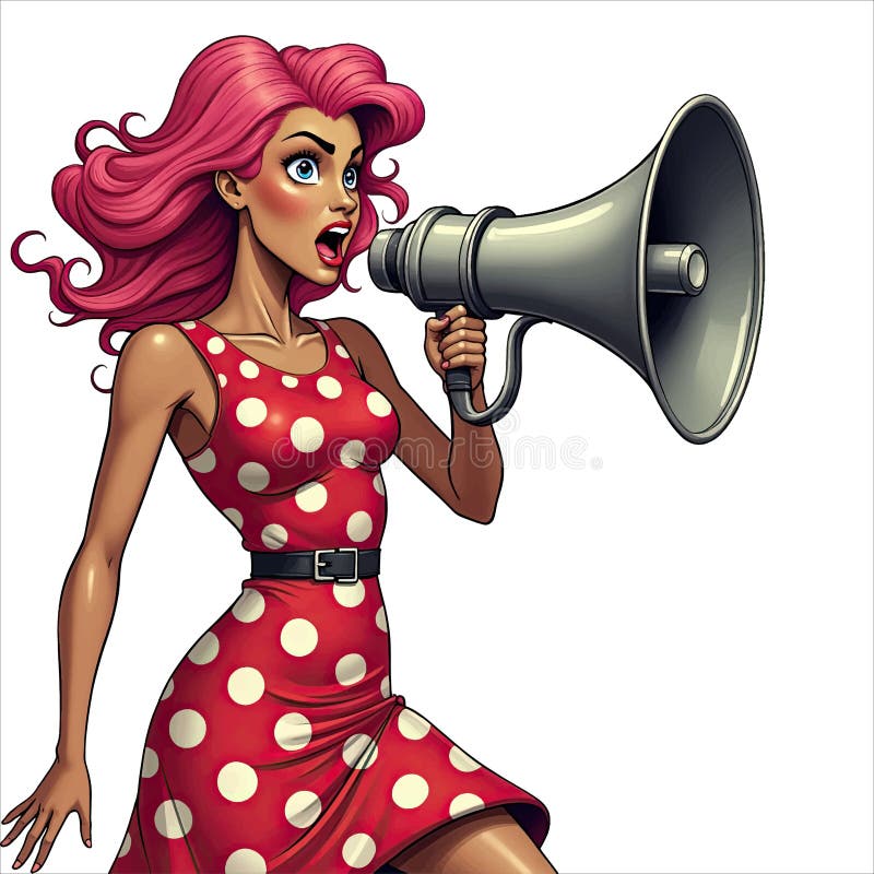Pop Art Girl with Megaphone. Woman with Loudspeaker. Girl Announcing ...