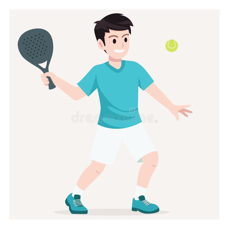 Cartoon Illustration of a Young Man Playing Padel Tennis, Ready To Hit ...