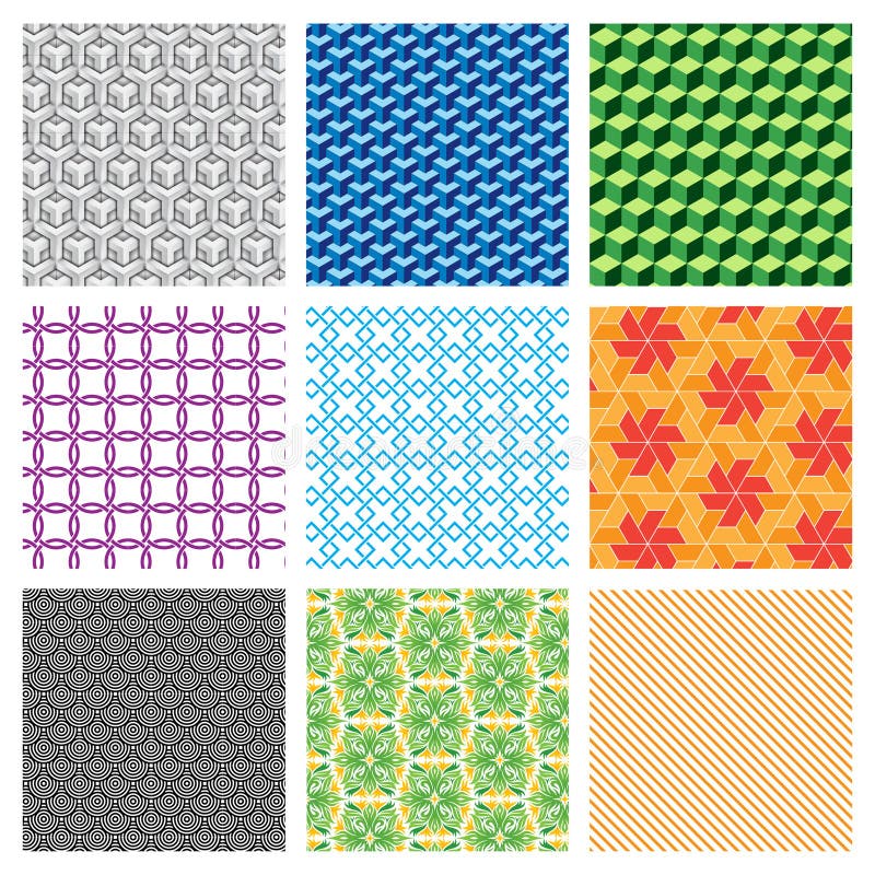 Nine Seamless Patterns Featuring Various Geometric and Floral Motifs ...