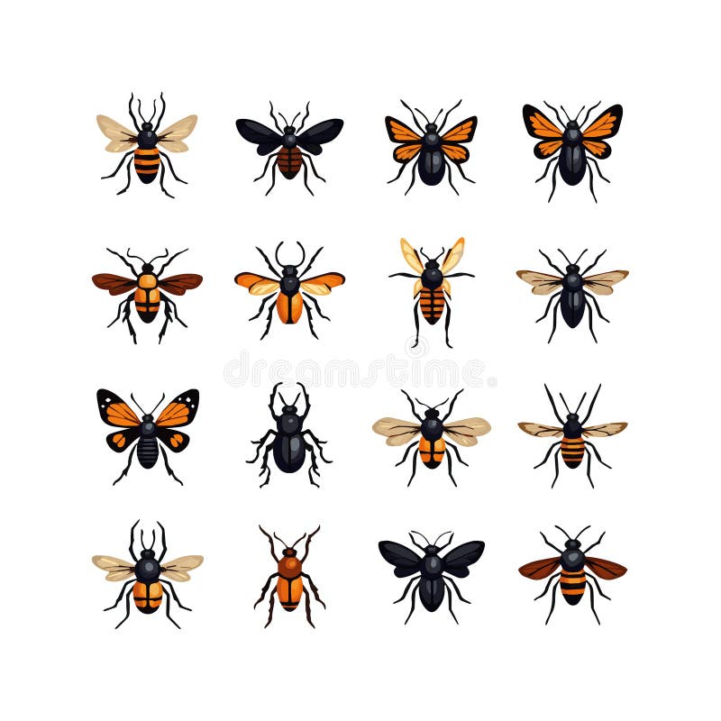 16 Stylized Insect Illustrations Grid – Butterflies, Bees, and Beetles ...