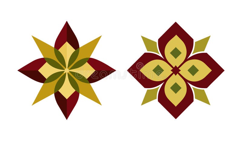 Two Symmetrical Floral Emblems Featuring Deep Red and Golden Yellow ...
