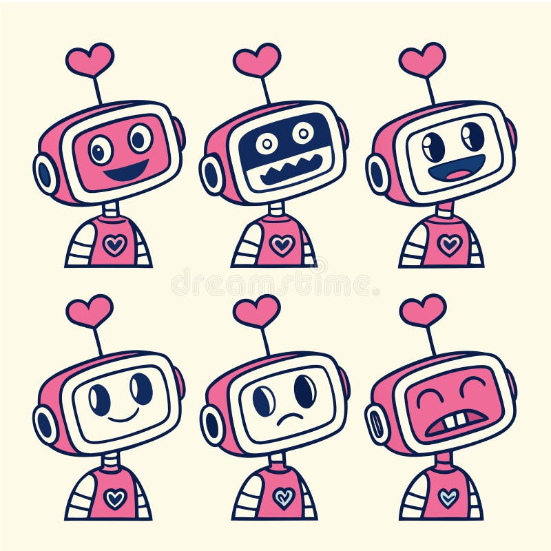 Six Cartoon Robots with Pink Bodies Stock Illustration - Illustration ...