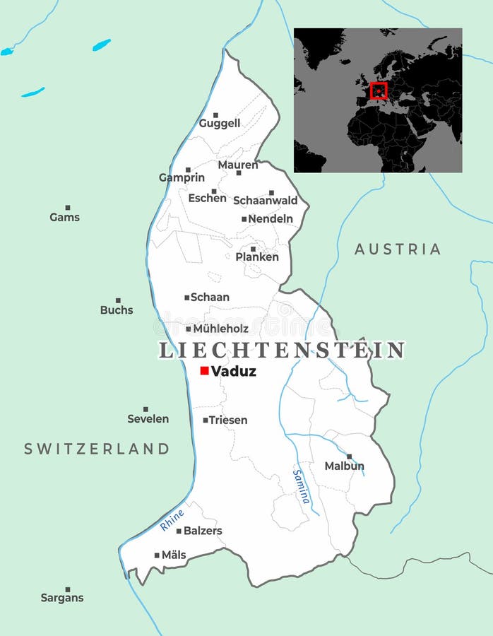 Liechtenstein Country Map with Major Towns, Borders, and European ...