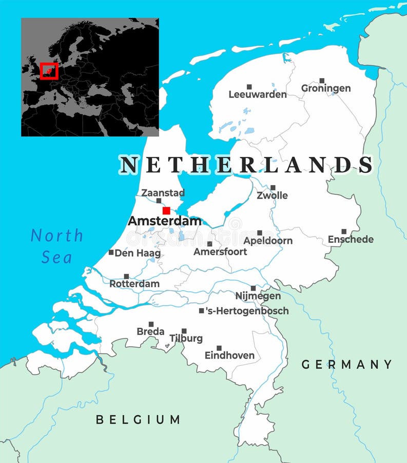 Netherlands Country Map with Major Cities, Borders, and European ...