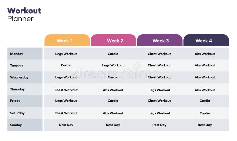 4-Week Workout Planner Chart for Fitness Routine Scheduling Stock ...