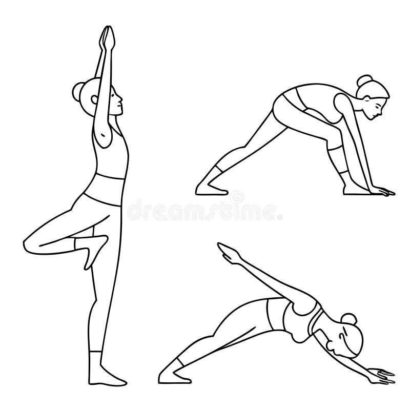 Three Line Drawings Illustrate Different Yoga Poses. Stock Illustration ...