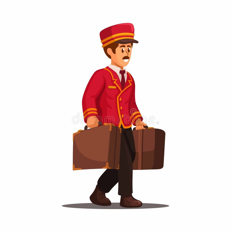 Male Porter in a Uniform Walking and Carrying Suitcases Cartoon ...