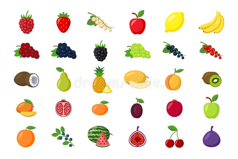 Flat Vector Set of Colorful Fruits Icons Isolated on White Background ...