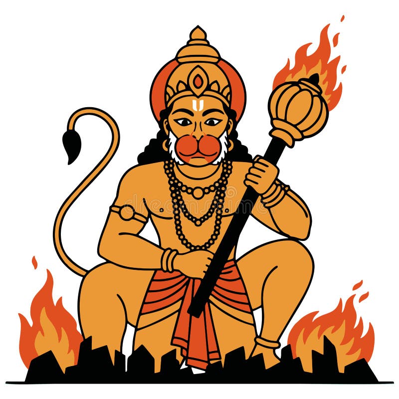 Hindu Deity Hanuman Wields a Fiery Mace, Representing Power and ...