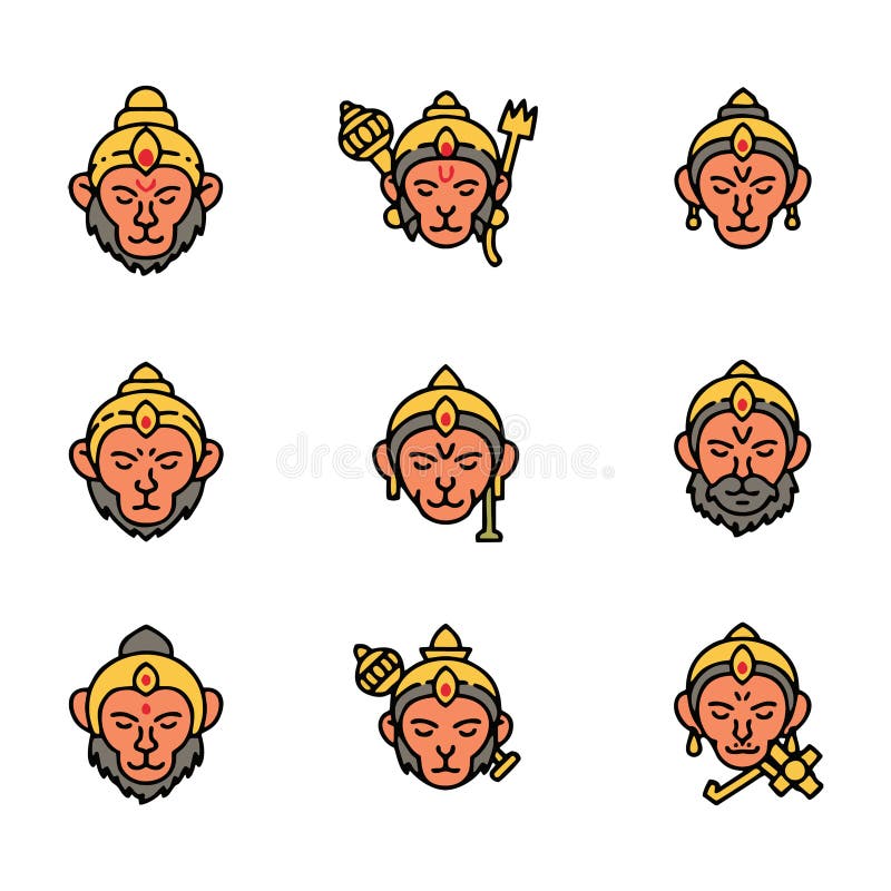 This Set Features Nine Unique Hanuman Character Icons, Representing ...