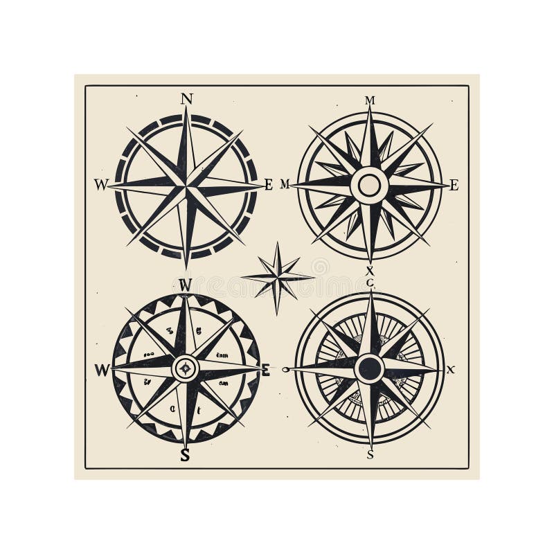 Vintage Nautical Compass Rose Set Stock Illustration - Illustration of ...