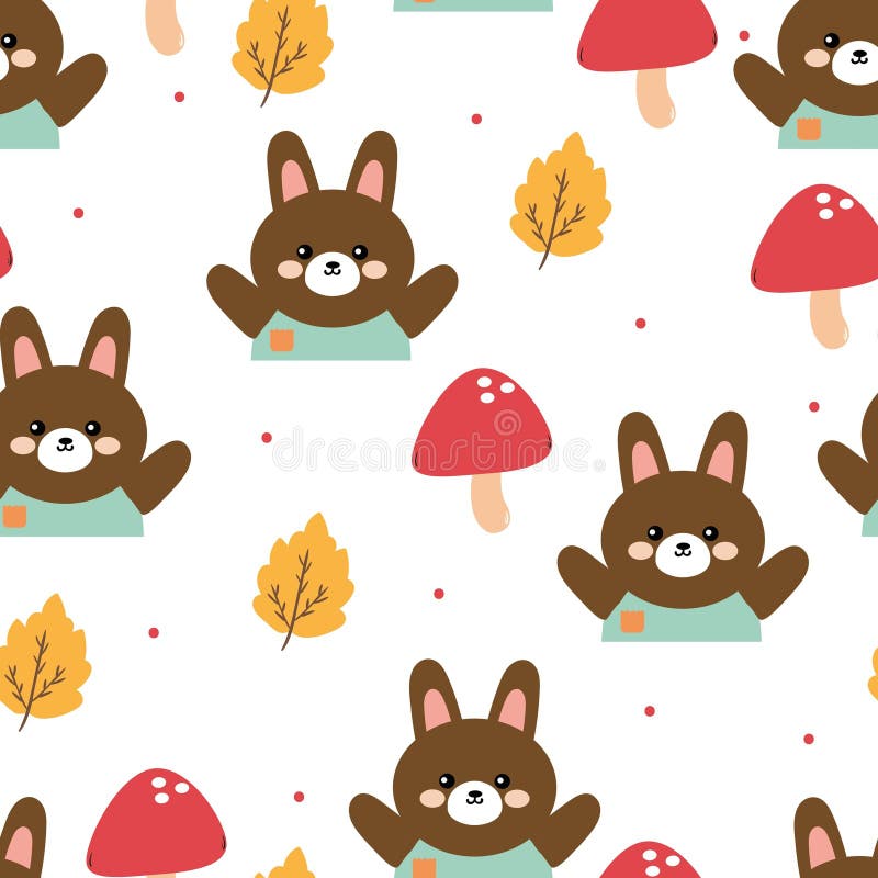 Seamless Pattern Cartoon Cute Bunny and Red Mushroom with Autumn Vibes ...
