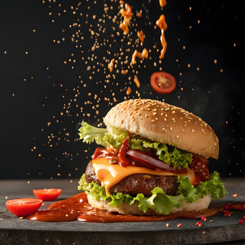 Sesame Bun Burger Lettuce Tomato Cheese Sauce Falling Seeds Stock ...
