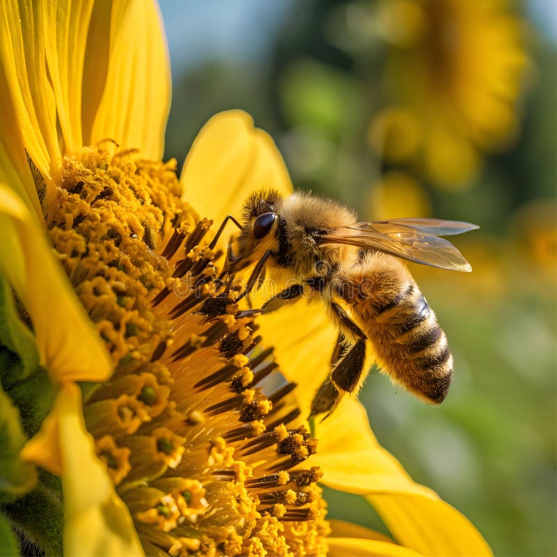 Honeybee on Sunflower with Vivid Yellow Petals in Soft Morning Light ...
