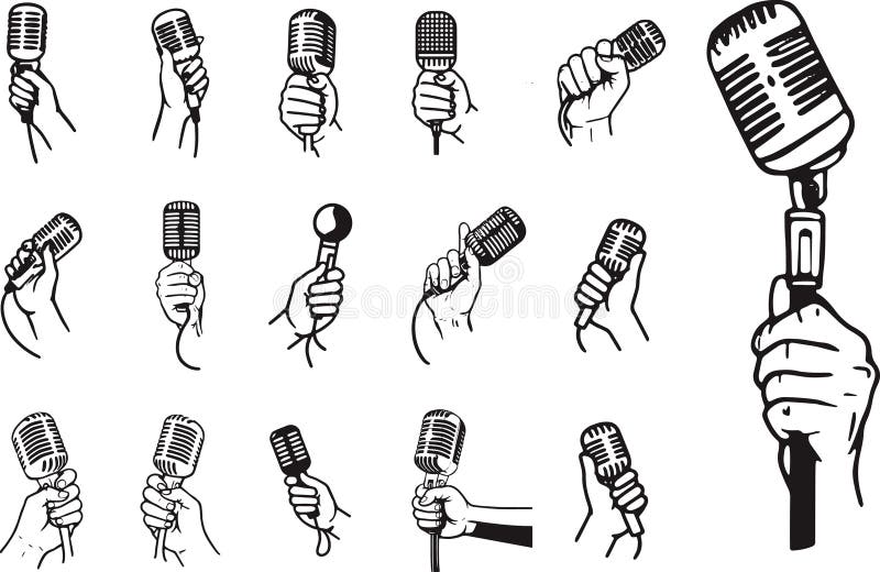 Black and White Illustration Featuring Various Hand-held Microphones ...