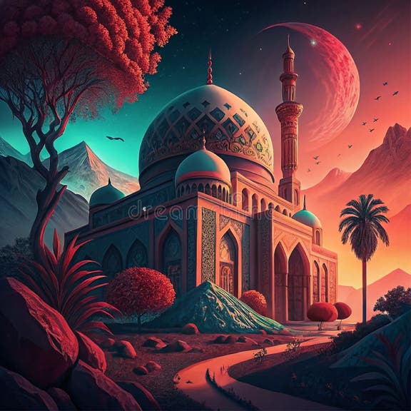 Fantasy Mosque Landscape with Vibrant Sunset and Surreal Cosmic Sky ...