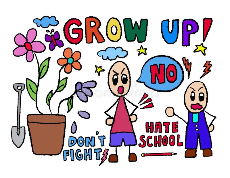 Kid Drawing Style Vector Illustrations of Kids Arguing, Grow Up Letters ...