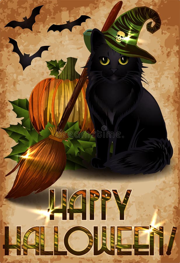 Happy Halloween Vip Card, Black Cat in a Witchs Hat, Vector Stock ...