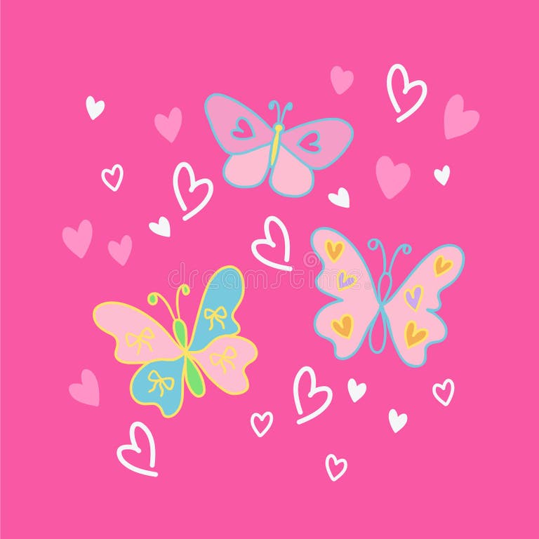 Vector Illustration of Butterflies and Hearts on Shocking Pink ...