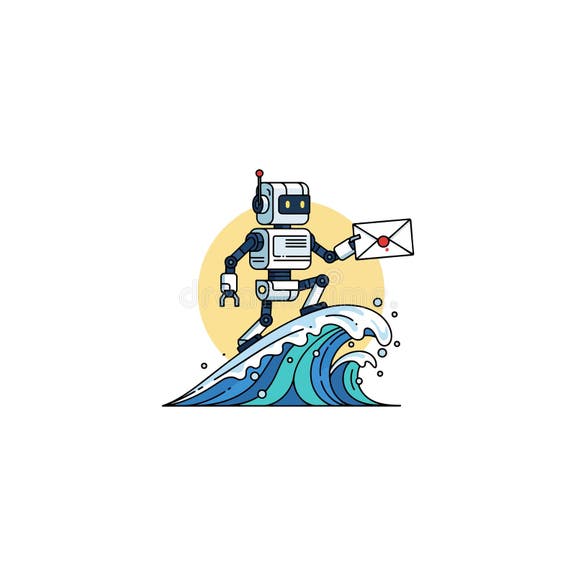 Robot Surfing Wave with Mail Delivery Stock Vector - Illustration of ...