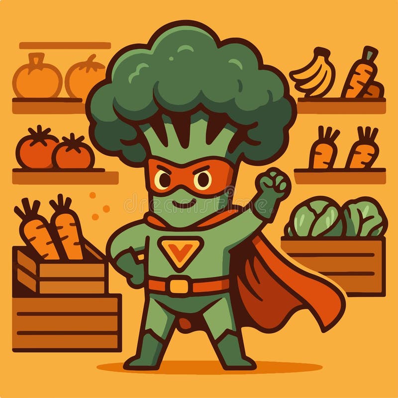 Broccoli Superhero in Grocery Store – Healthy Food Mascot Illustration ...