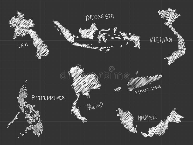 7 of Asia Map White Line Freehand Sketch on Black Background Stock ...