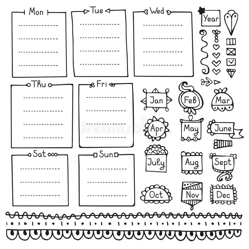 Set of Doodle Frames, Borders, Corners, Dividers, Ribbons, Weekdays and ...