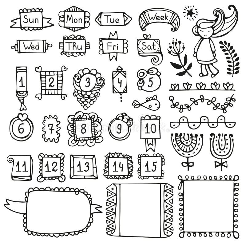 Set of Doodle Frames, Borders, Corners, Dividers, Ribbons, Weekdays and ...