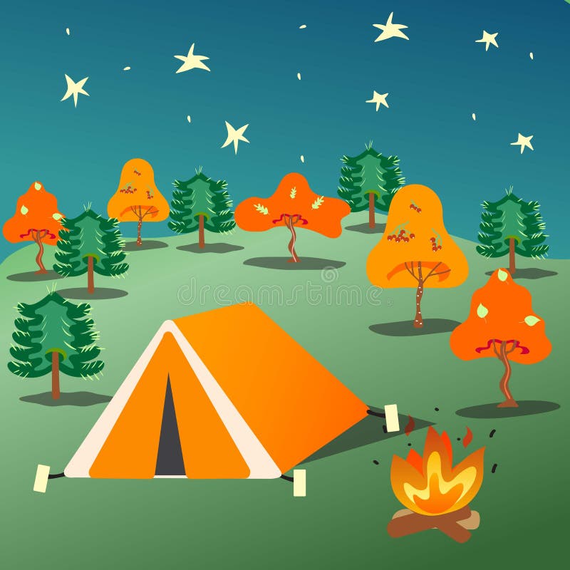 Camping at Night in the Wood. Vector Illustration. Stock Illustration ...
