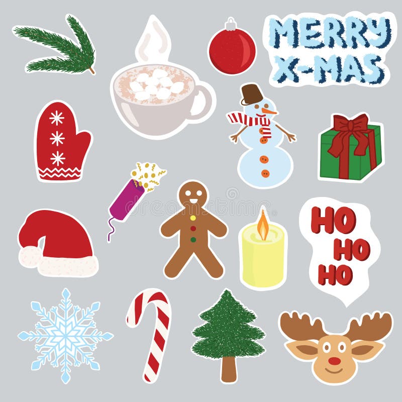 Christmas Stickers Pack, 16 Holiday Elements Ready for Print, Raster ...