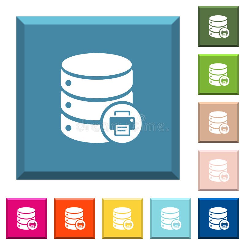 Print Database Data White Icons on Edged Square Buttons Stock Vector ...