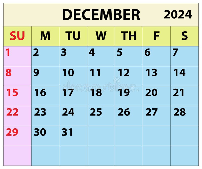 2024 December Month Calendar Color Vector Illustrator Calendar Design ...