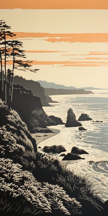 Coastal Woodcut Print: Realistic Landscapes with Soft Tonal Colors ...