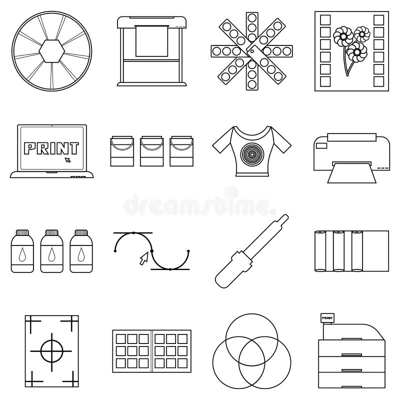 Print Items Icons Set, Outline Style Stock Vector - Illustration of ...